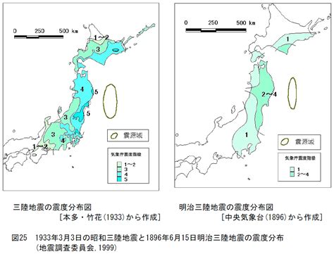 図25 1933年3月3日の昭和三陸地震と1896年6月15日明治三陸地震の震度分布（地震調査委員会，1999）
