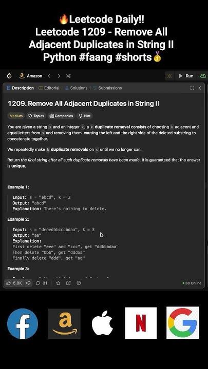 🔥leetcode Daily Leetcode 1209 Remove All Adjacent Duplicates In
