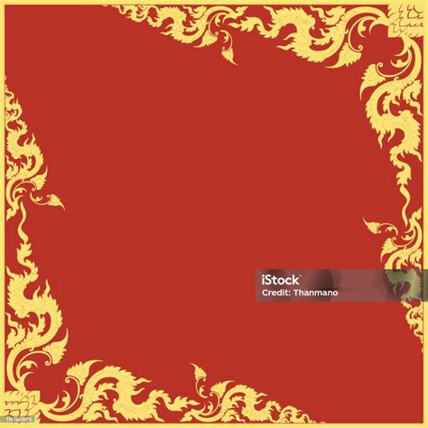 초대장 템플릿 배경 및 프레임 테두리 벡터 디자인입니다 사각형 레이아웃 그림에서 태국 아트 스타일 빈티지의 빨간색과 금색 색상 0명에 대한 스톡 벡터 아트 및 기타 이미지