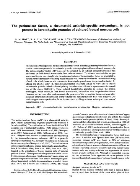The Perinuclear Factor A Rheumatoid Arthritis Specific Autoantigen Is Not Present In