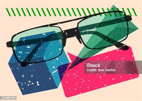 기하학적 모양의 말풍선이 있는 Risograph 선글라스 트렌디한 Riso 그래프 인쇄 질감 스타일의 개체 Geometry 요소 와 군 Brand Name Online