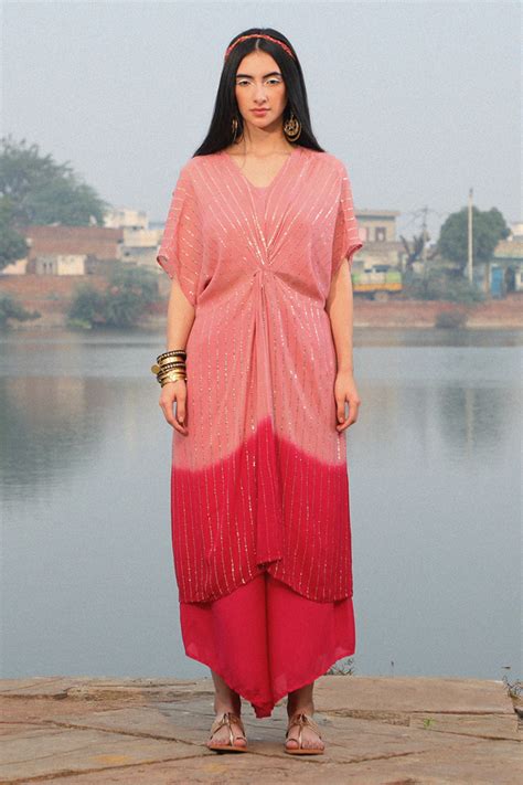 Buy Enech Pink Shimmer Georgette Ombre Stripe Pattern Kaftan And Pant
