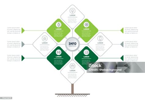 네 가지 옵션이 있는 에코 비즈니스 프레젠테이션 컨셉 4 또는 8 점 기술 또는 교육 과정의 인포 그래픽 트리 차트 또는 다이어그램의 템플릿입니다 0명에 대한 스톡 벡터