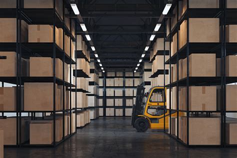 창고에서 화물을 운반하는 지게차 창고의 지게차 로더 팔레트 스태커 트럭 장비 3d 렌더링 0명에 대한 스톡 사진 및 기타 이미지 Istock