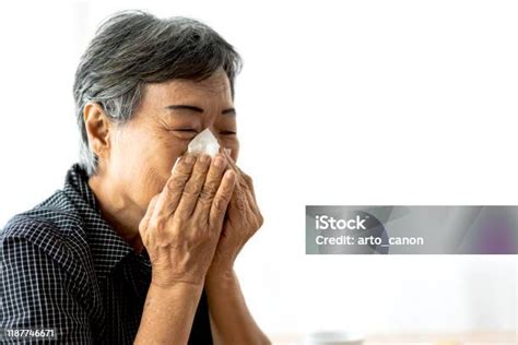 아픈 노인 여성은 감기동안 종이 조직과 재채기로 코를 불고건강 관리 및 의학 건강관리와 의술에 대한 스톡 사진 및 기타 이미지 건강관리와 의술 노인 머리 Istock