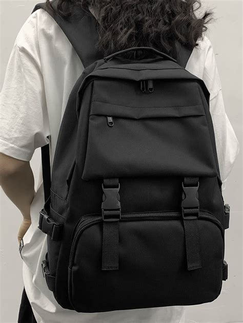 Black Cool Nylon Plain Functional Backpack Women Bags Black School Bags