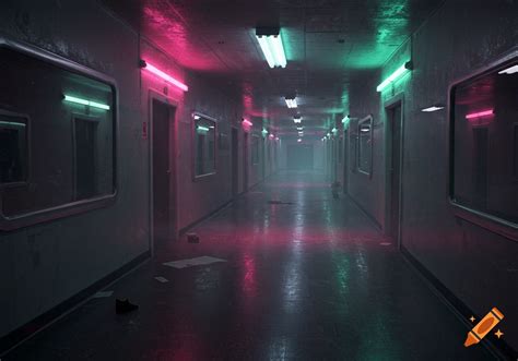 A Long Dark Hallway With Fluorescent Lights On The Ceiling And Wisps