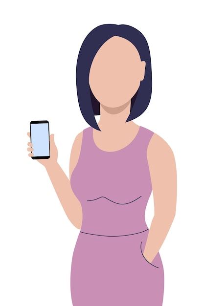 A Menina Em Um Vestido Cor De Rosa E Um Penteado Quadrado Demonstra Um Smartphon Vetor Premium