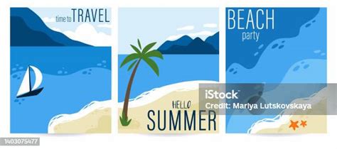 안녕하세요 여름 포스터 세트 손바닥이있는 해변 모래 산과 바다 낙원 풍경 텍스트가있는 여름 휴가 카드 여행 배경 열대 리조트 배너 벡터 해변 일러스트 레이 션 포스터에 대한