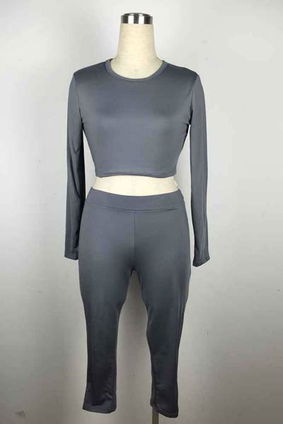 Casual O Neck Long Sleeves Solid Grey Spandex Two Piece Pants Settwo Pieceslovelywholesale