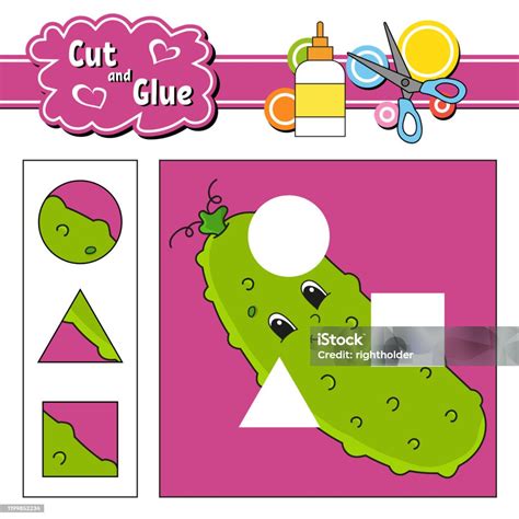 잘라 접착제 아이들을위한 게임 교육 개발 워크 시트 만화 오이 문자입니다 색상 활동 페이지 손으로 그린 격리된 벡터 그림입니다
