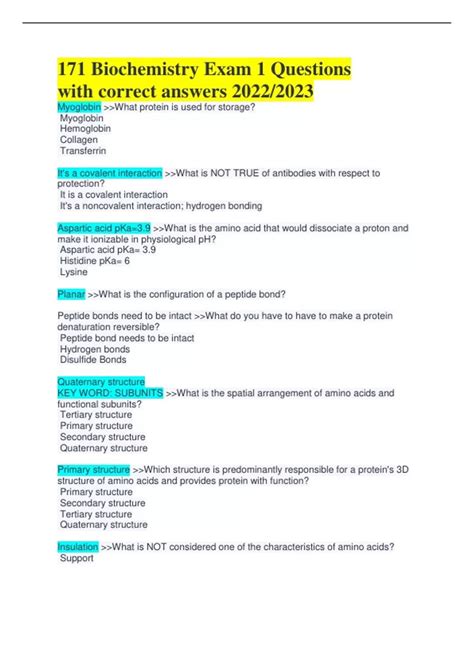 171 Biochemistry Exam 1 Questions With Correct Answers 2022 2023 Biochemistry Stuvia Us