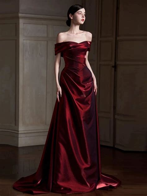Wine Red Evening Dresses A Line Floor Length Off The Shoulder