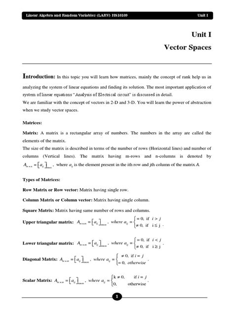 Unit I Vector Spaces Ntroduction Pdf Matrix Mathematics Linear Subspace