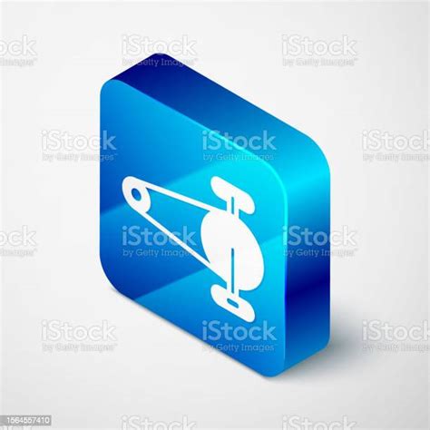 톱니바퀴 아이콘이 있는 아이소메트릭 자전거 체인은 회색 배경에 분리되어 있습니다 자전거 체인 스프로킷 변속기 파란색 사각형 버튼입니다 벡터 3차원 형태에 대한 스톡 벡터