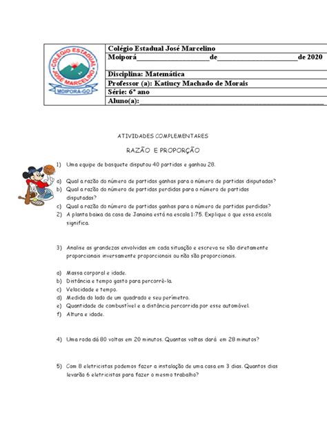 6º Ano Razão E Proporção Pdf Razão Proporção Corridas