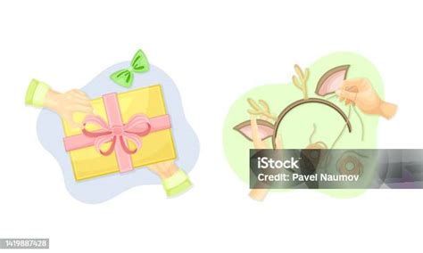 공예품 세트를 만드는 손의 상단보기 머리띠를 만들고 선물 상자를 포장하는 손 벡터 일러스트 레이 션 Diy에 대한 스톡 벡터 아트 및 기타 이미지 Istock