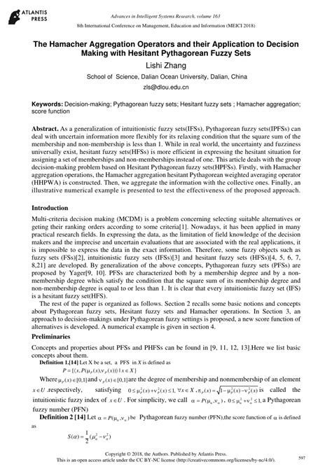 Pdf The Hamacher Aggregation Operators And Their Application To Decision Making With Hesitant