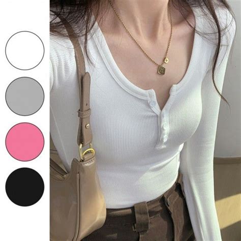 Erum 여성 골지 라운드넥 긴팔 티셔츠 슬림핏 기본티 핫트랙스