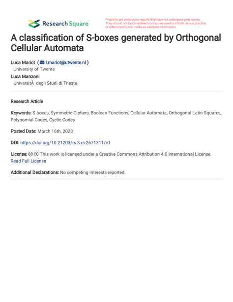 Pdf A Classification Of S Boxes Generated By Orthogonal Cellular Automata