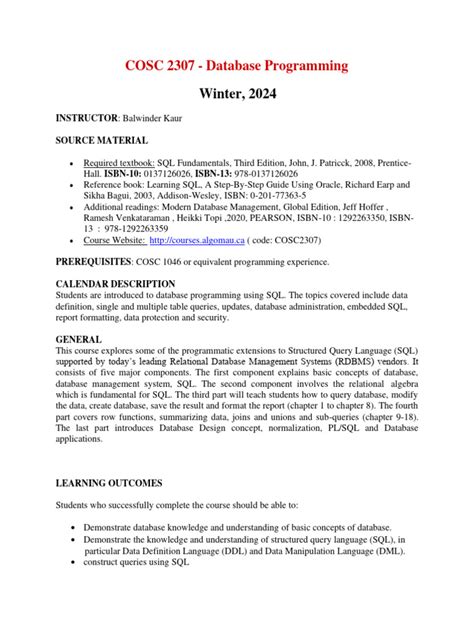 cosc2307 syllabus pdf sql databases