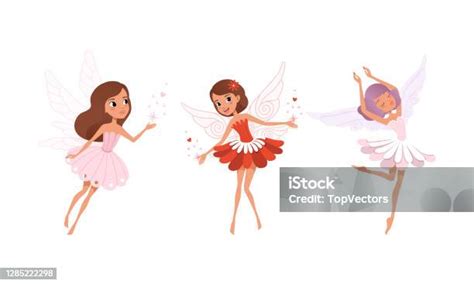 귀여운 여자 요정 날개 세트 화려한 예쁜 꽃 드레스 만화 벡터 일러스트에 비행 사랑스러운 여자 요정 가공의 인물에 대한 스톡