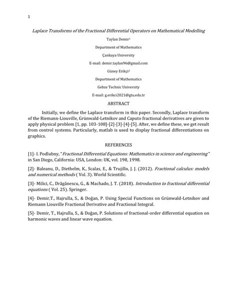 Pdf Laplace Transforms Of The Fractional Differential Operators On Mathematical Modelling