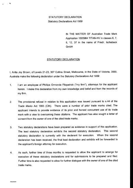 STATUTORY DECLARATION Statutory Declarations IP Australia