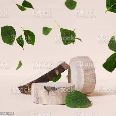 개체 제품 프리젠 테이션을위한 천연 유기 요소 나무 슬래브 연단과 떨어지는 잎 3d 렌더링 강단에 대한 스톡 사진 및 기타 이미지 Istock