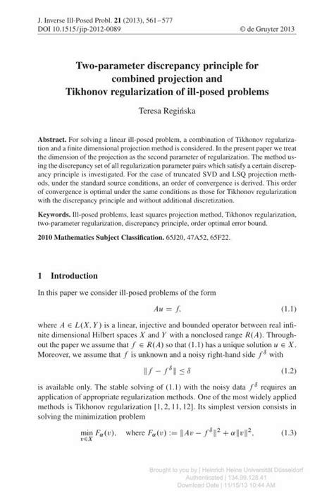 PDF Two Parameter Discrepancy Principle For Combined Projection And Tikhonov Regularization Of