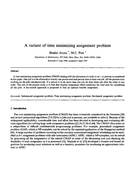 Pdf A Variant Of Time Minimizing Assignment Problem