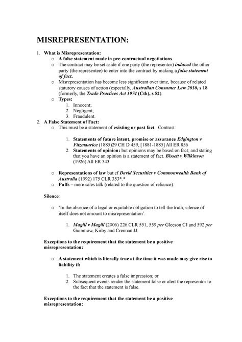 Content Notes Misrepresentation And Restitution MISREPRESENTATION What Is Misrepresentation