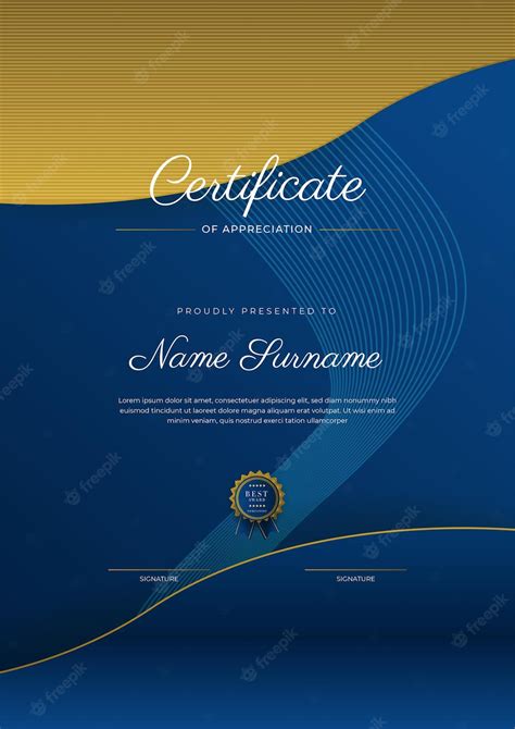 감사장 템플릿 금색과 파란색 금색 배지가 있는 깨끗한 현대 인증서 고급스럽고 현대적인 라인 패턴이 있는 인증서 테두리 템플릿 졸업장 벡터 템플릿 프리미엄 벡터