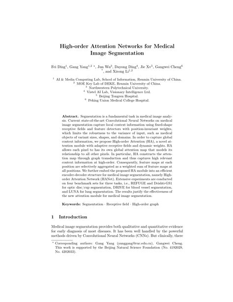 Pdf High Order Attention Networks For Medical Image Segmentation