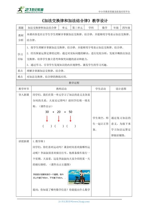 （2023春季新教材）人教版数学四下3 1《加法交换律和加法结合律》教学设计 21世纪教育网