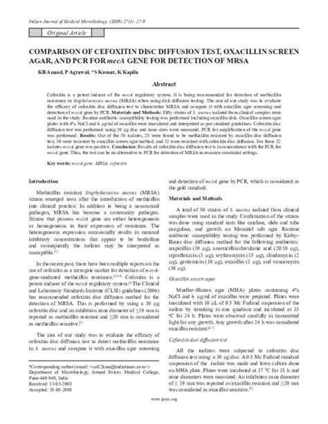 Pdf Comparison Of Cefoxitin Disc Diffusion Test Oxacillin Screen Agar And Pcr For Meca Gene