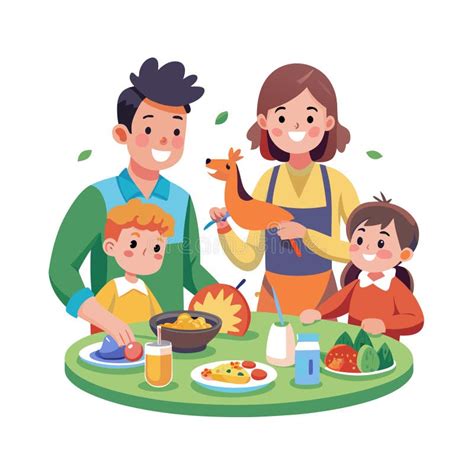 Happy Family Dinner Father Mother Son And Daughter Enjoying A Meal Together Stock Vector