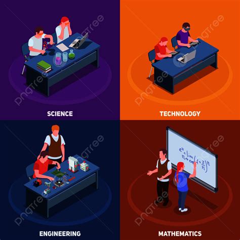 텍스트 캡션 벡터 일러스트와 함께 학생 및 교사와 관련된 다양한 상황을 가진 줄기 교육 아이소메트릭 2x2 디자인 개념 재학생