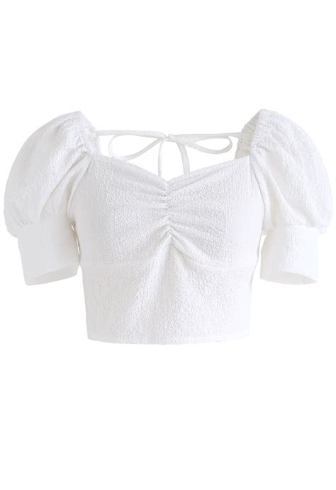 Shirred Back Sweetheart Neck Crop Top In White Retro Indie And