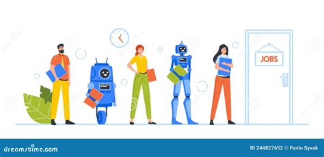 Robots And Human Applicants Characters Stand In Queue Waiting Hiring Interview At Office Hall