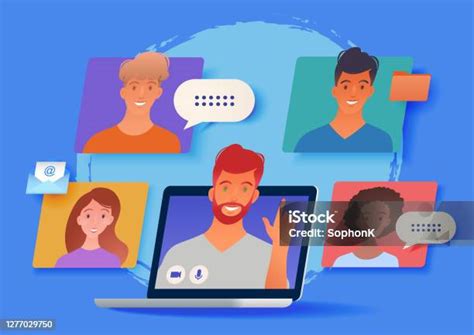 랩톱 컴퓨터를 통한 비즈니스 그룹 회의의 화상 통화 원격 작업 컨퍼런스 이벤트에 대한 스톡 벡터 아트 및 기타 이미지 컨퍼런스 이벤트 프리랜서 프리젠테이션 연설