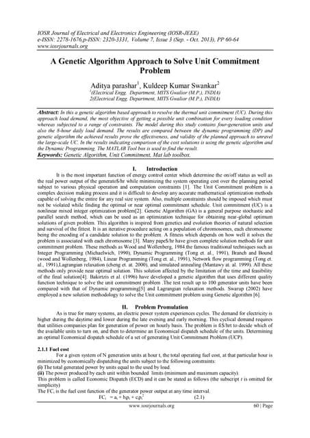 A Genetic Algorithm Approach To Solve Unit Commitment Problem Pdf