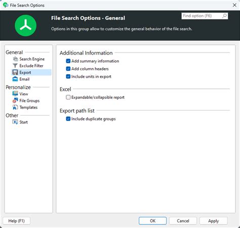 using the treesize file search options dialog general export