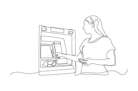 Atm Atm 기계 개념에서 트랜잭션을 수행하는 연속 한 줄 그리기 사업가 단일 줄 그리기 디자인 벡터 그래픽 그림 프리미엄 벡터