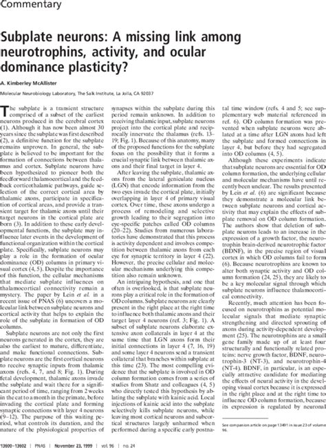 Subplate Neurons A Missing Link Among Neurotrophins Activity And Ocular Dominance Plasticity