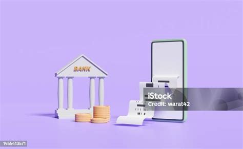 휴대 전화 동전 은행 또는 세무서 건물 송장 종이 영수증 전자 청구서 지불 보라색 배경에 고립 된 스마트 폰 돈 개념 3d 그림 3d 렌더링 3차원 형태에 대한 스톡 사진