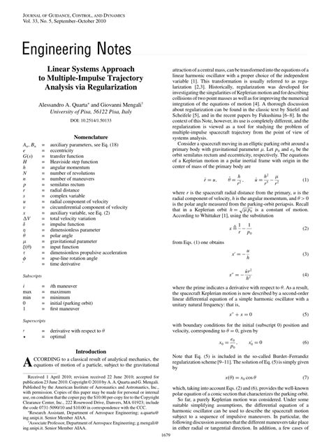 Pdf Linear Systems Approach To Multiple Impulse Trajectory Analysis Via Regularization