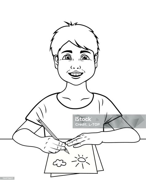 만화 소년의 색칠 페이지 개요 아이 들을 위한 색칠 하기 책 교실에 있는 소년 일상 벡터 일러스트 검은색에 대한 스톡 벡터 아트 및 기타 이미지 Istock