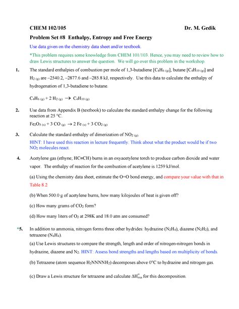 Problem Set 08 Chem 102 105 Dr M Gedik Problem Set 8 Enthalpy