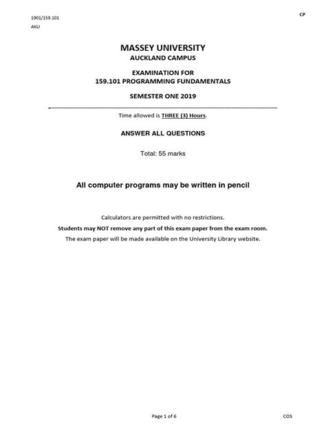 159101 Computer Science Fundamentals Massey Exam S1 2019 Pdf